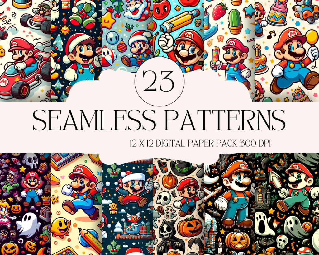 23 Mario Cartoon,Seamless Pattern Digital Files, Digital Download ...